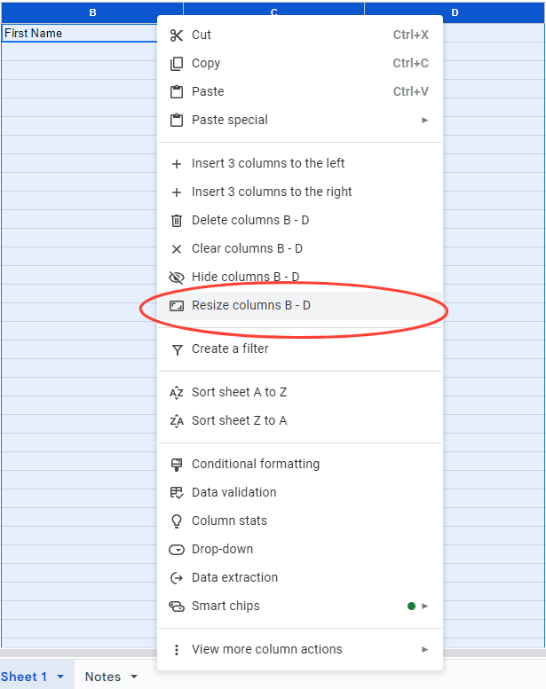 4 Ways to Resize Columns, Change the Column Width in a Google Sheet